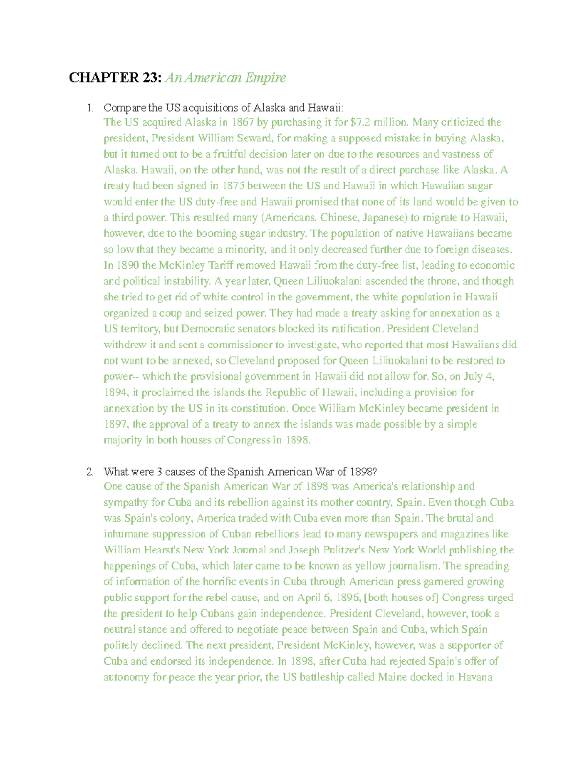 Chapter 23 Homework Questions on US Imperialism and War - Studocu