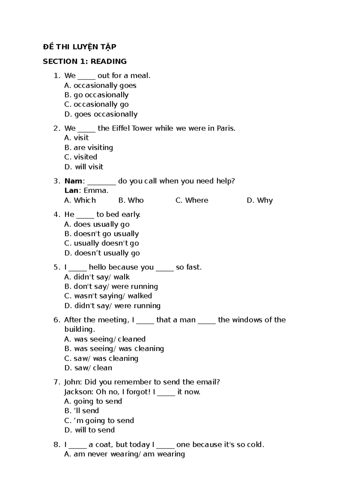 ĐỀ THI LUYỆN TẬP TA1-2: READING, LISTENING, WRITING, SPEAKING - Studocu