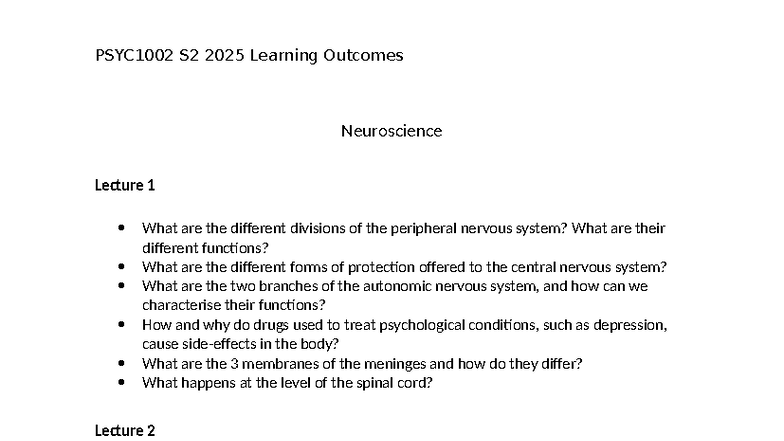 PSYC1002 S2 2025 Learning Outcomes: Neuroscience & Cognitive Processes ...