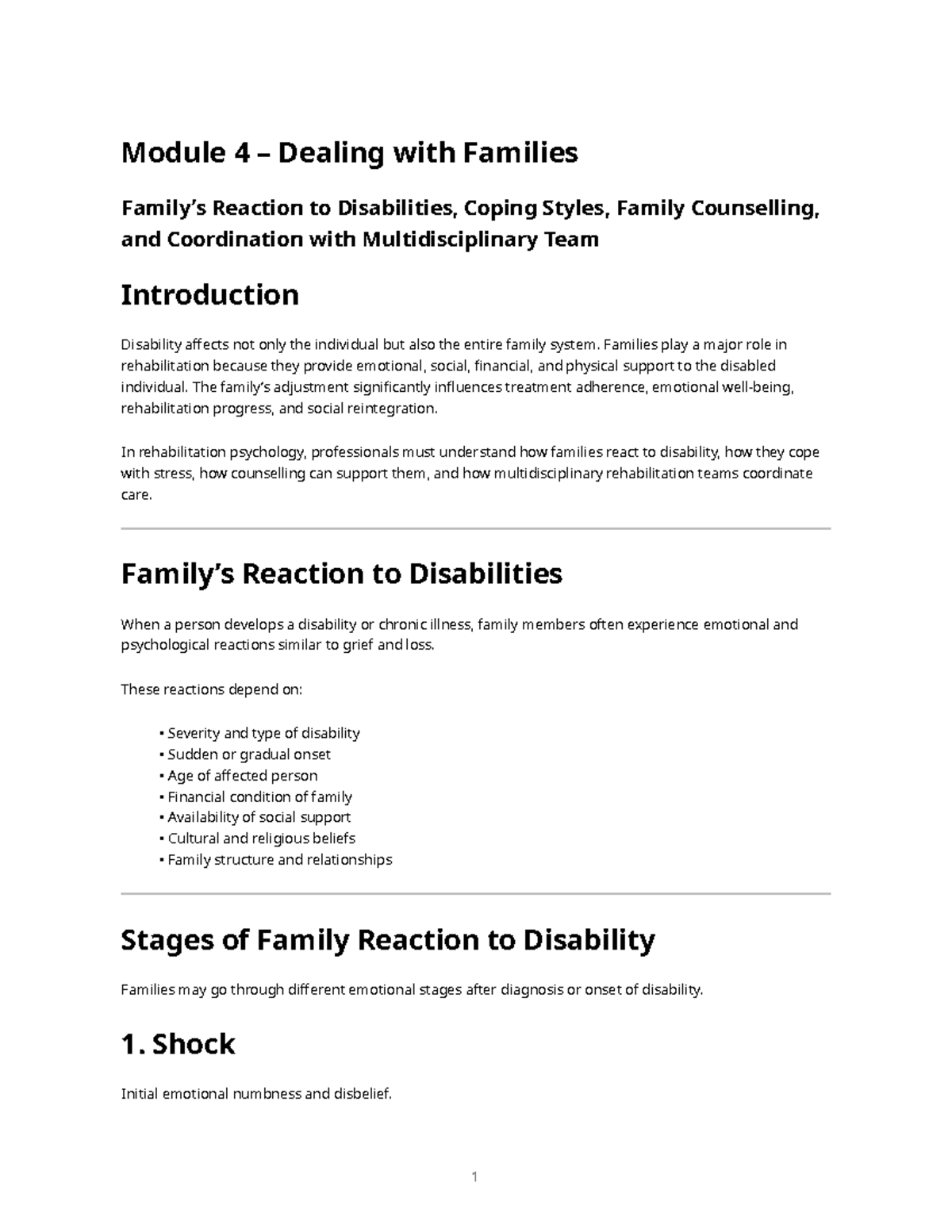 Module 4: Families' Reactions to Disabilities & Coping Strategies - Studocu
