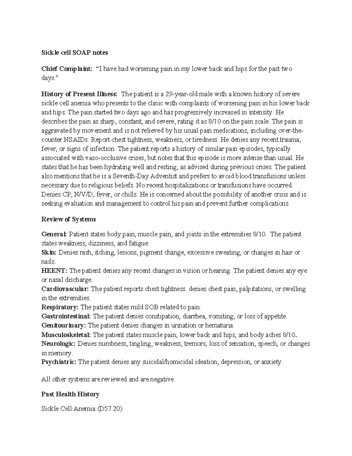 Sickle Cell Anemia SOAP Notes - Patient Pain Assessment Analysis - Studocu