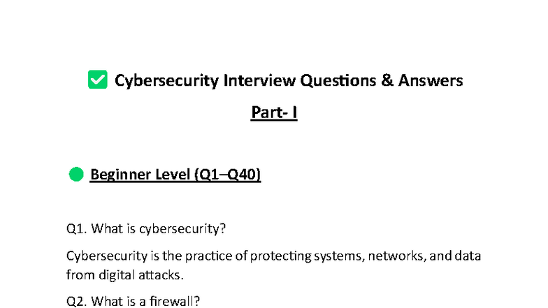Cybersecurity Interview Questions & Answers I Beginner Level - Studocu