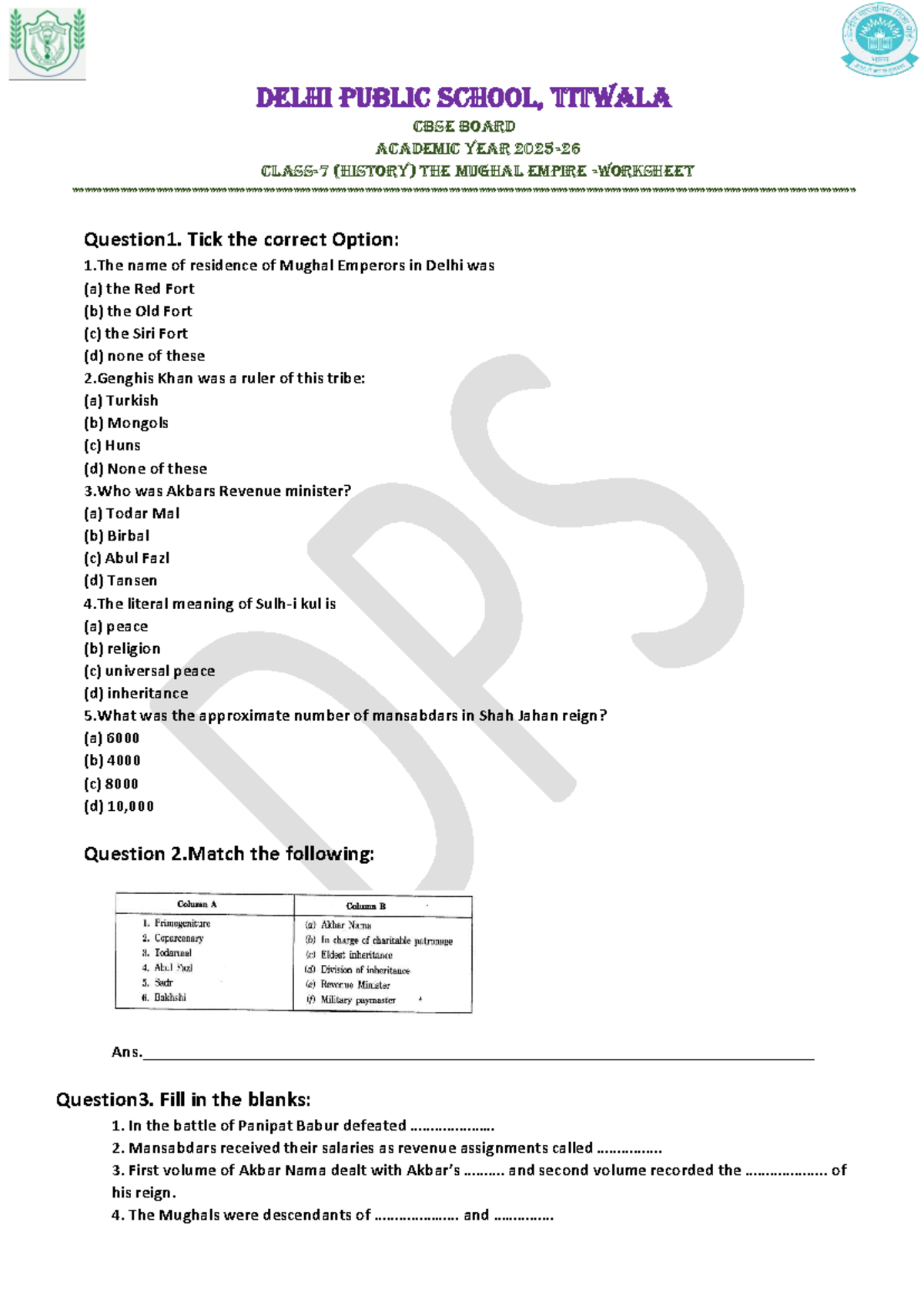 Grade 7 History Worksheet: The Mughal Empire (CBSE) - Studocu