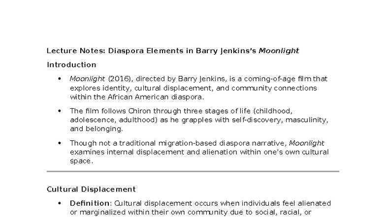 Lecture Notes: Diaspora Themes in Moonlight Analysis - Studocu