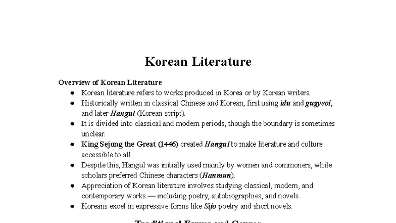 Korean Literature Overview: Historical and Modern Perspectives - Studocu