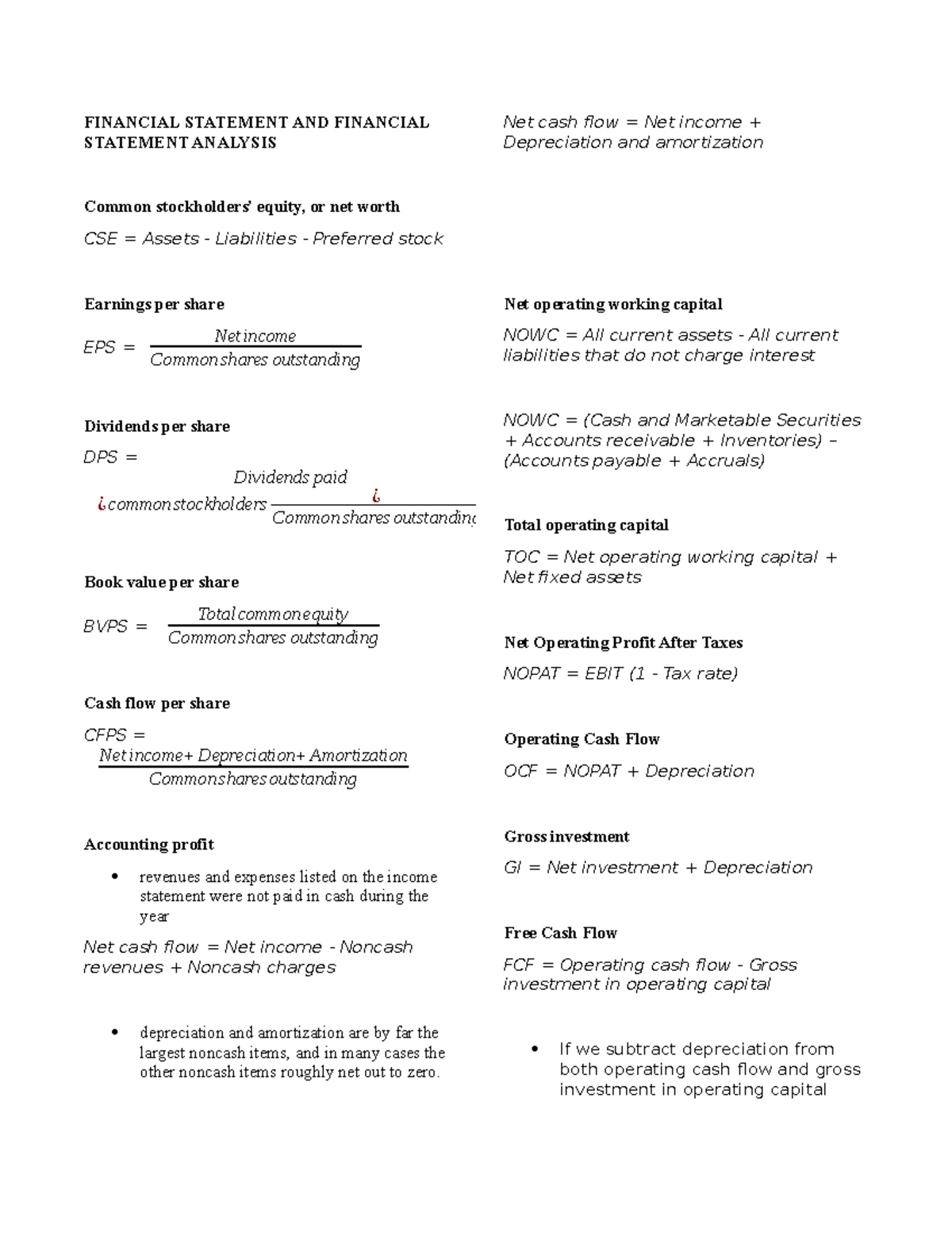 CHAP. 1-4 Formulas - FINANCIAL STATEMENT AND FINANCIAL STATEMENT ...