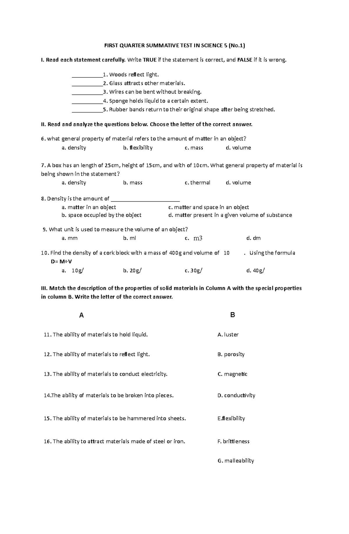 Science 5 Summative Test: Chapter 1 Review and Questions - Studocu