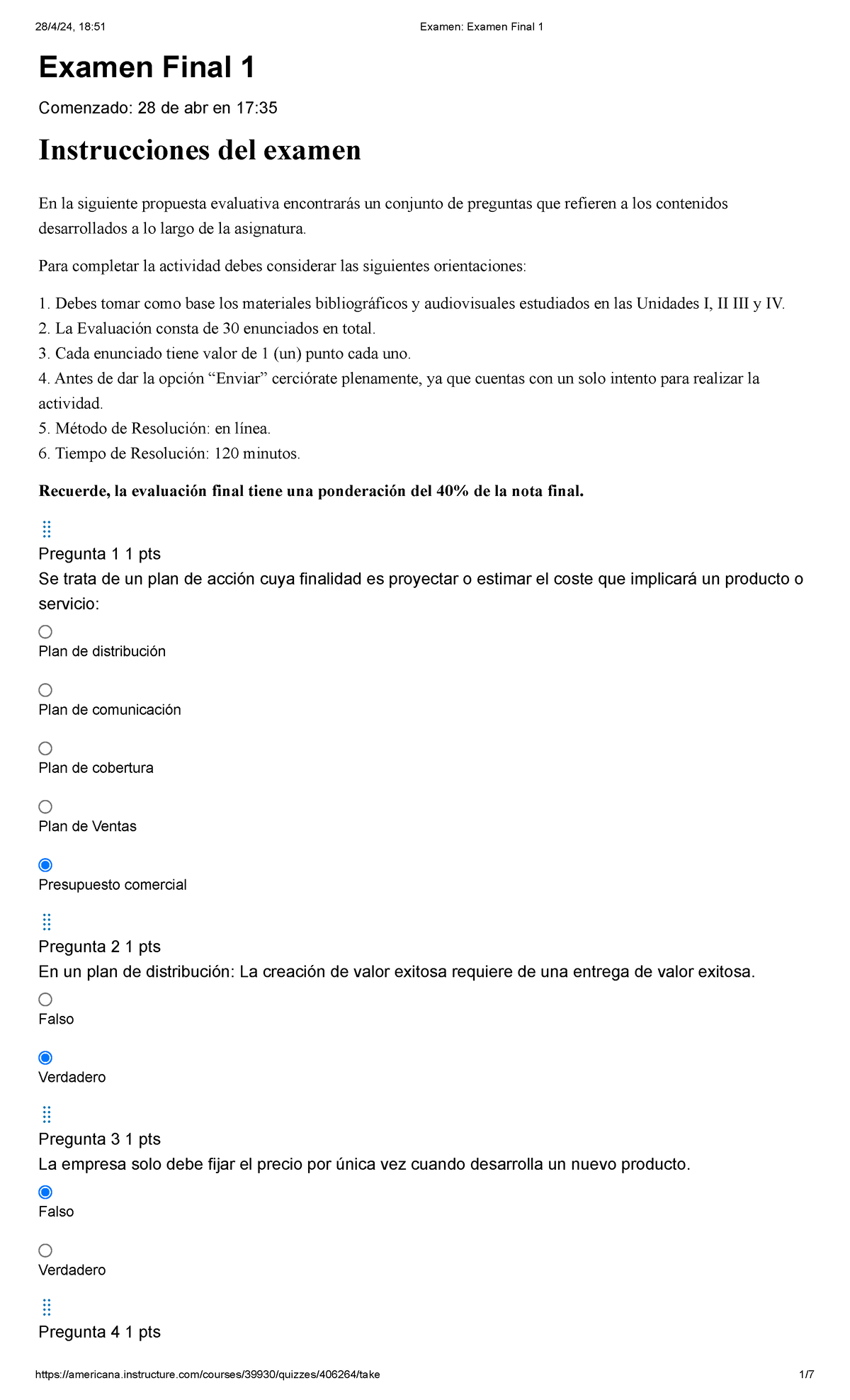 Examen Final 1 de Marketing Estratégico 2024: Instrucciones y Preguntas - Studocu