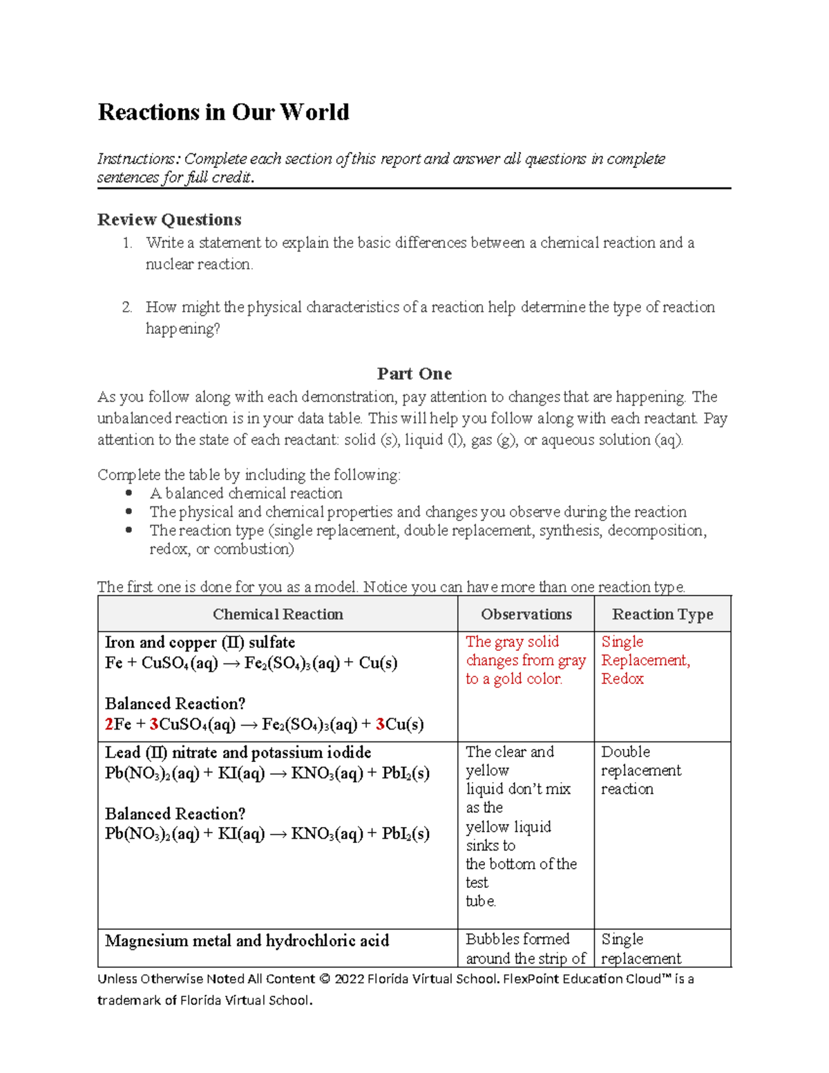4 - FLVS WORK - Reactions in Our World Instructions: Complete each ...