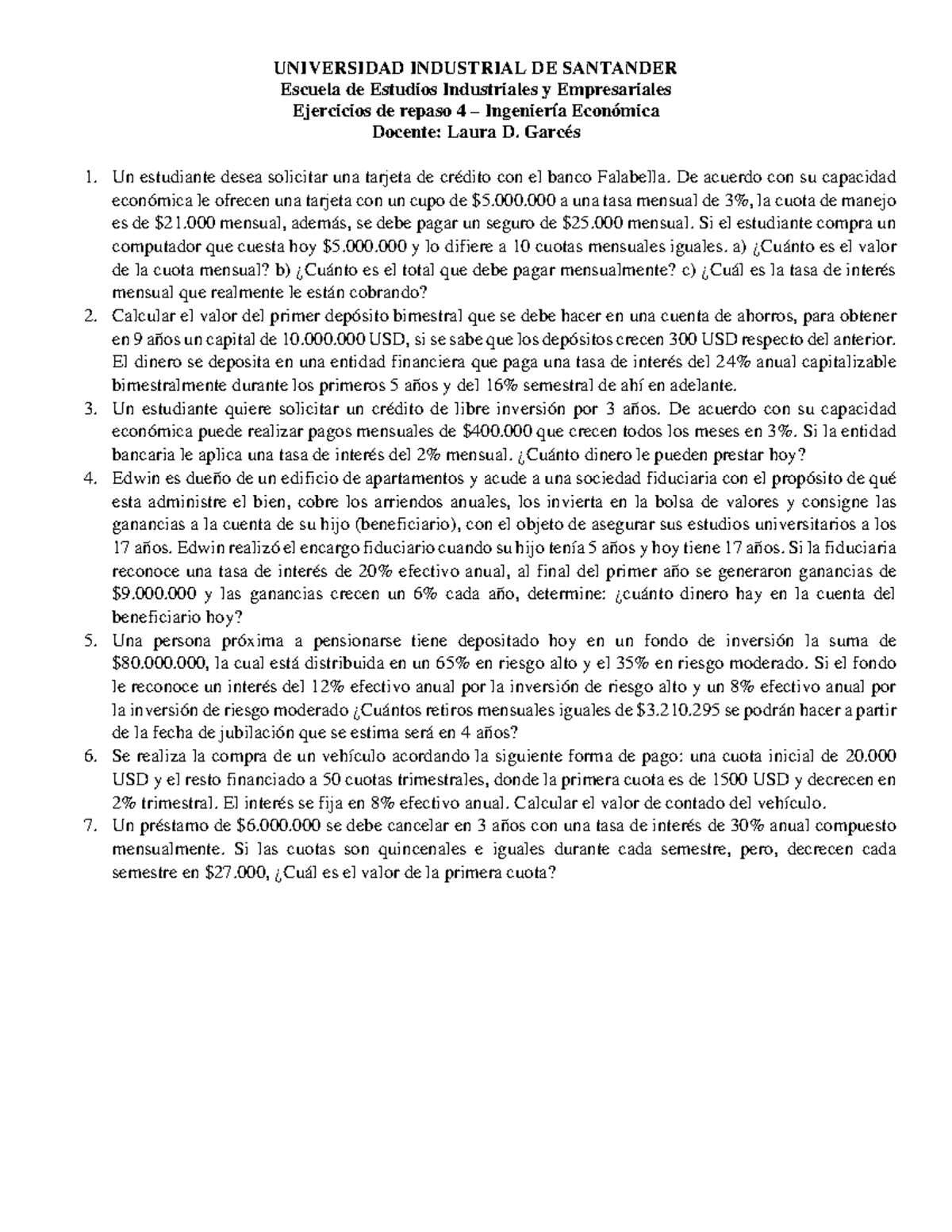 Ejercicios de Repaso 4 - Ingeniería Económica - UIS - Studocu
