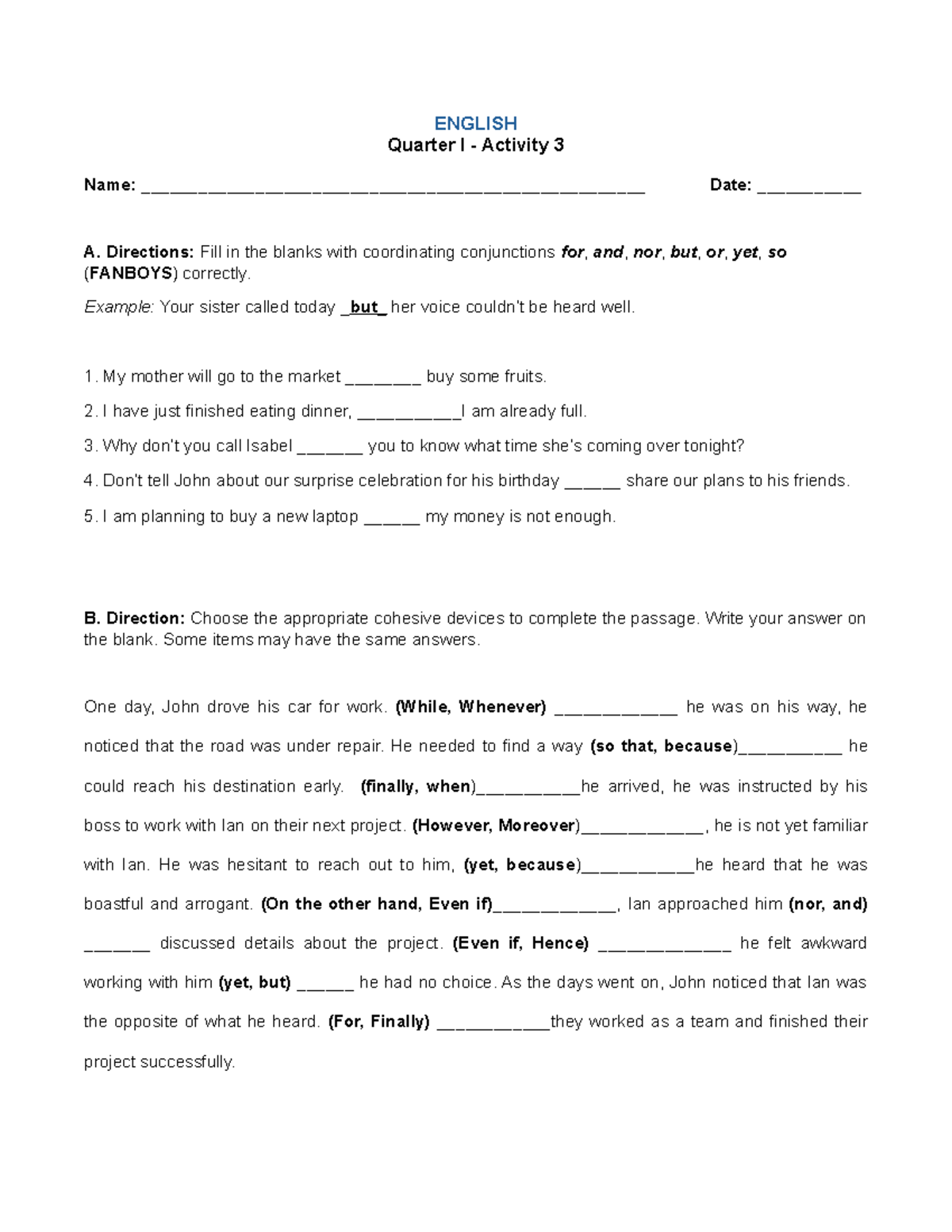 ENGLISH Quarter I Activity 3: Conjunctions & Cohesive Devices - Studocu