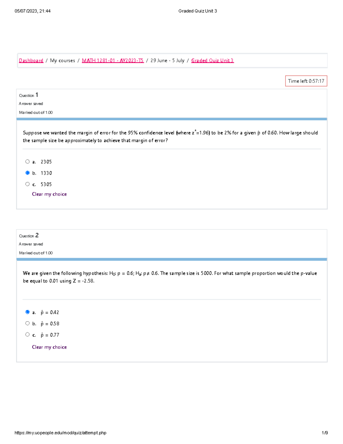 Math 1281 Graded Quiz Unit 3: Confidence Intervals & Sample Sizes - Studocu