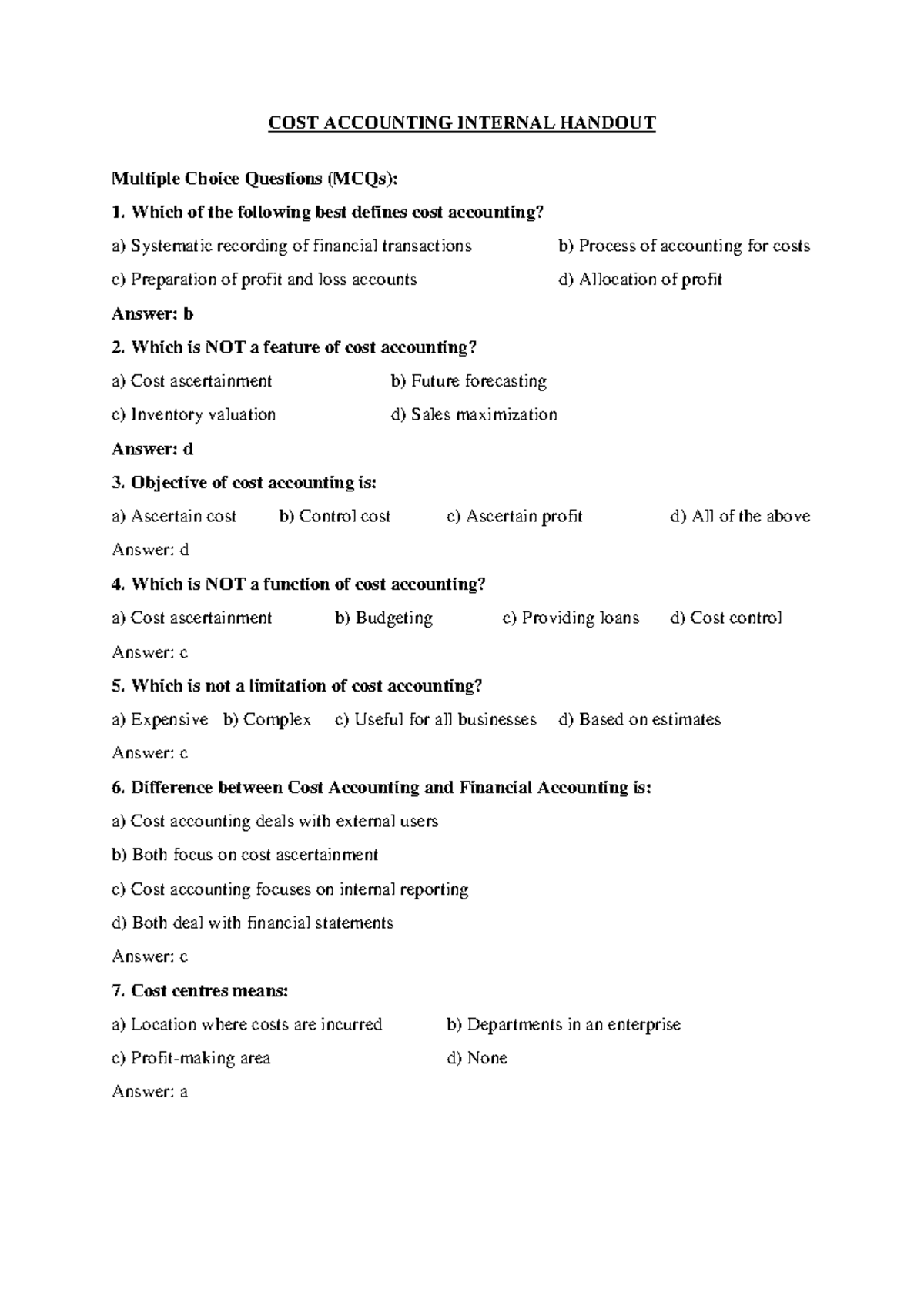 COST ACCOUNTING INTERNAL HANDOUT: MCQs & Key Concepts - Studocu
