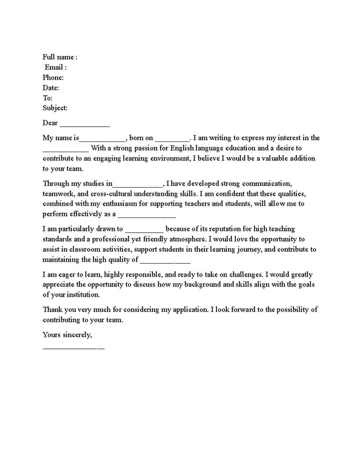 Cover Letter for English Language Education Position - Studocu