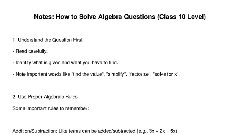 Algebra Notes: How to Solve Questions (Class 10 Level) - Studocu
