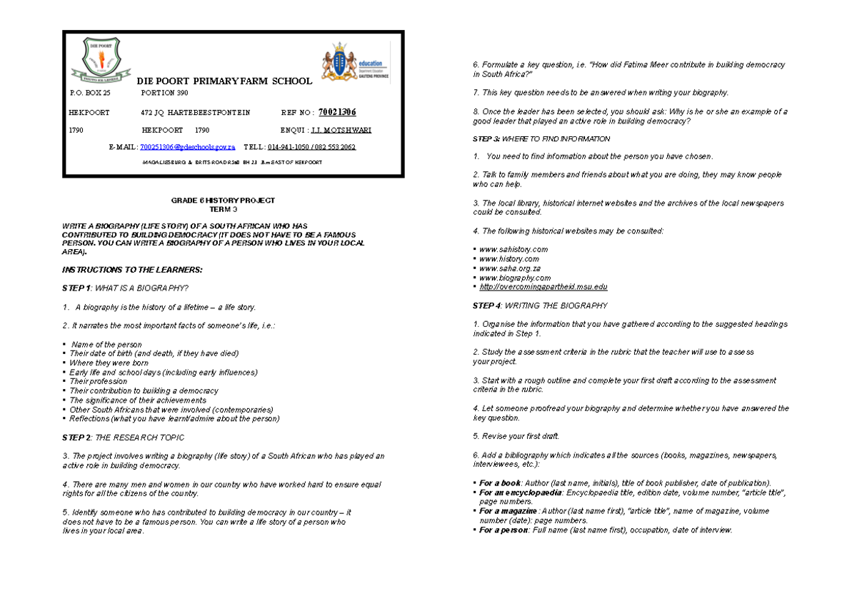 Grade 6 History Project: Biography of a South African Leader (Term 3 ...