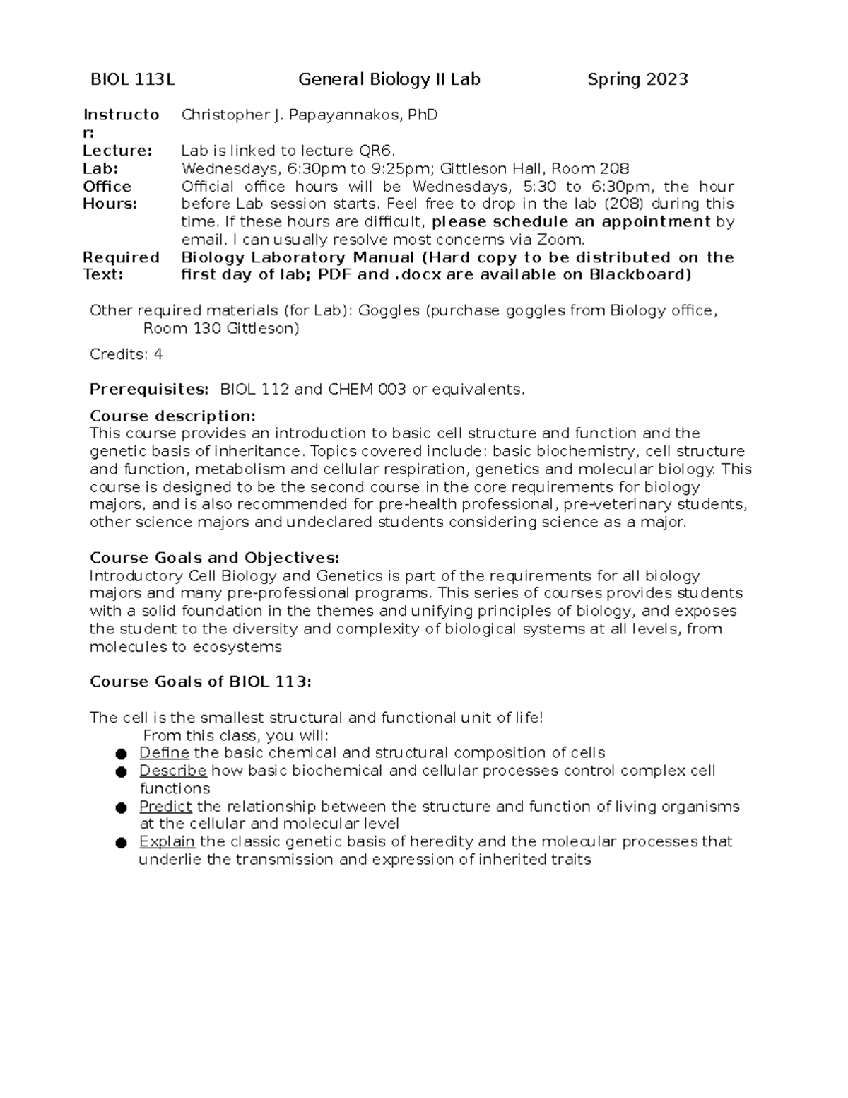 BIOL 113L Spring 2023 General Biology II Lab Syllabus and Info - Studocu