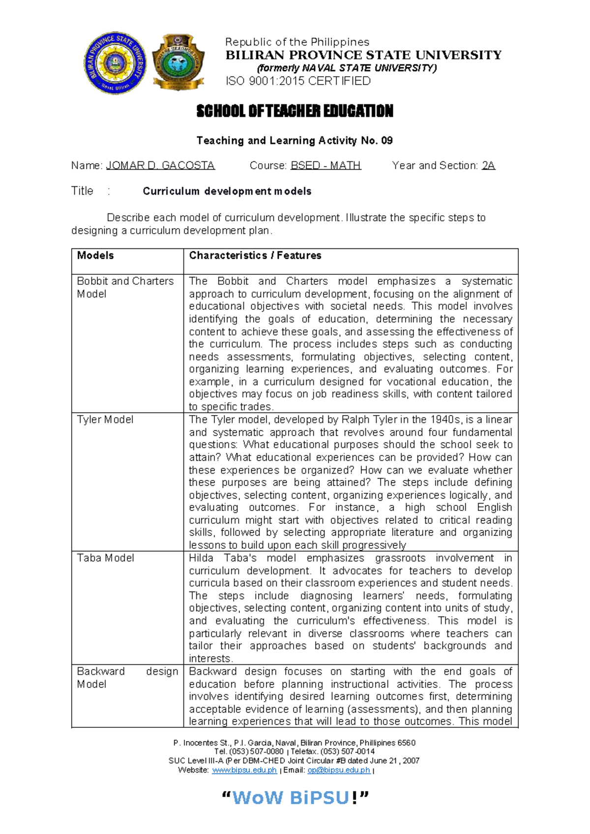 BSED MATH 2A TLA 09: Curriculum Development Models Explained - Studocu