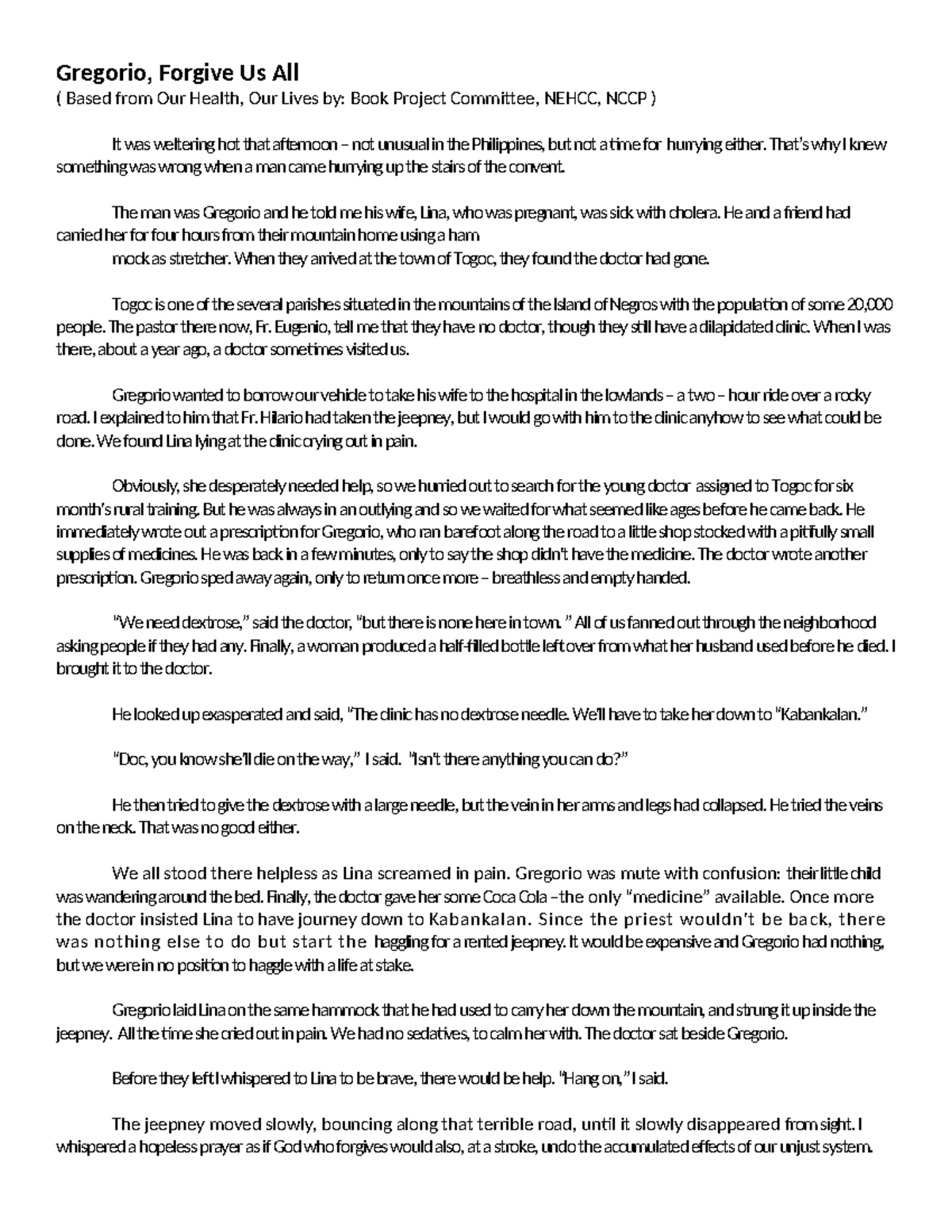 Gregorio's Tragic Journey: A Tale of Loss and Despair - Studocu