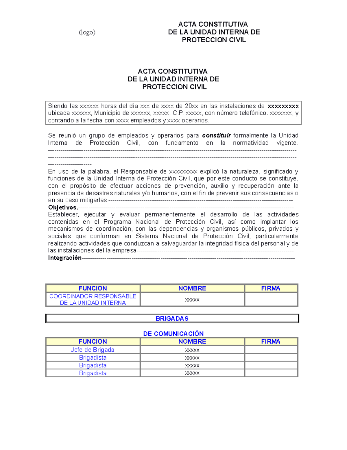 ACTA CONSTITUTIVA DE LA UNIDAD INTERNA DE PROTECCIÓN CIVIL - Studocu