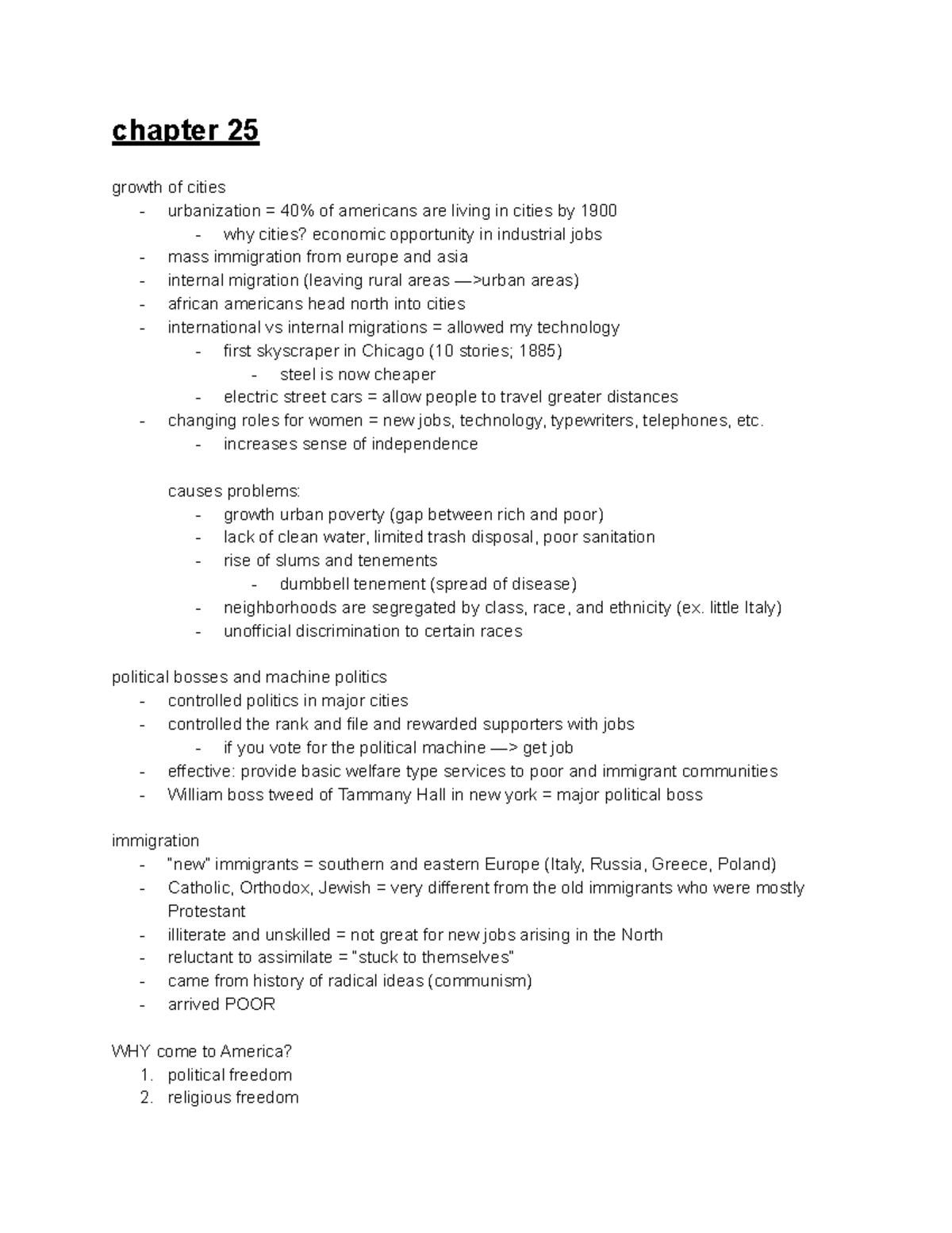 US HISTORY Chapter 25 Notes: Urbanization, Immigration & Nativism - Studocu