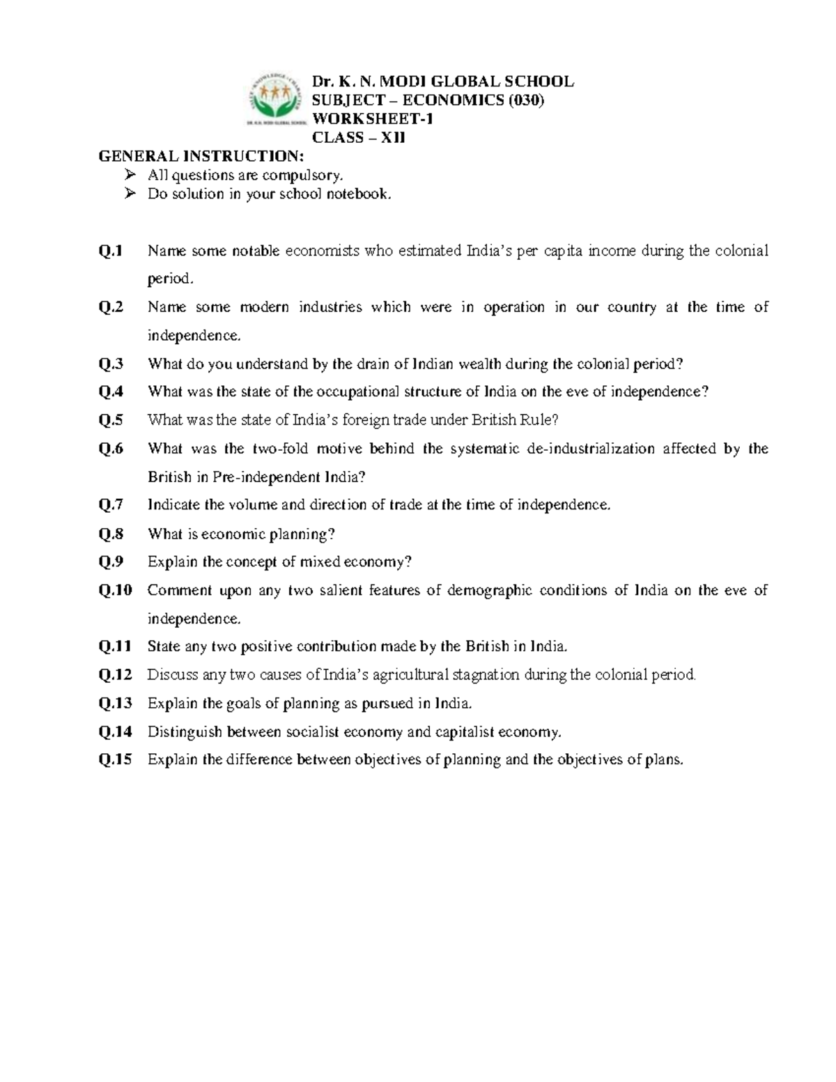 Economics (030) Class XII Worksheet-1: Colonial Period Insights - Studocu