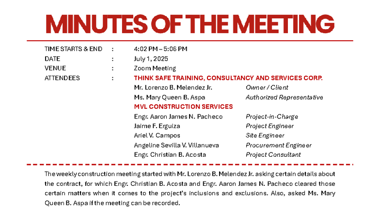 Minutes of the Meeting (July 1, 2025) - Weekly Construction Meeting ...