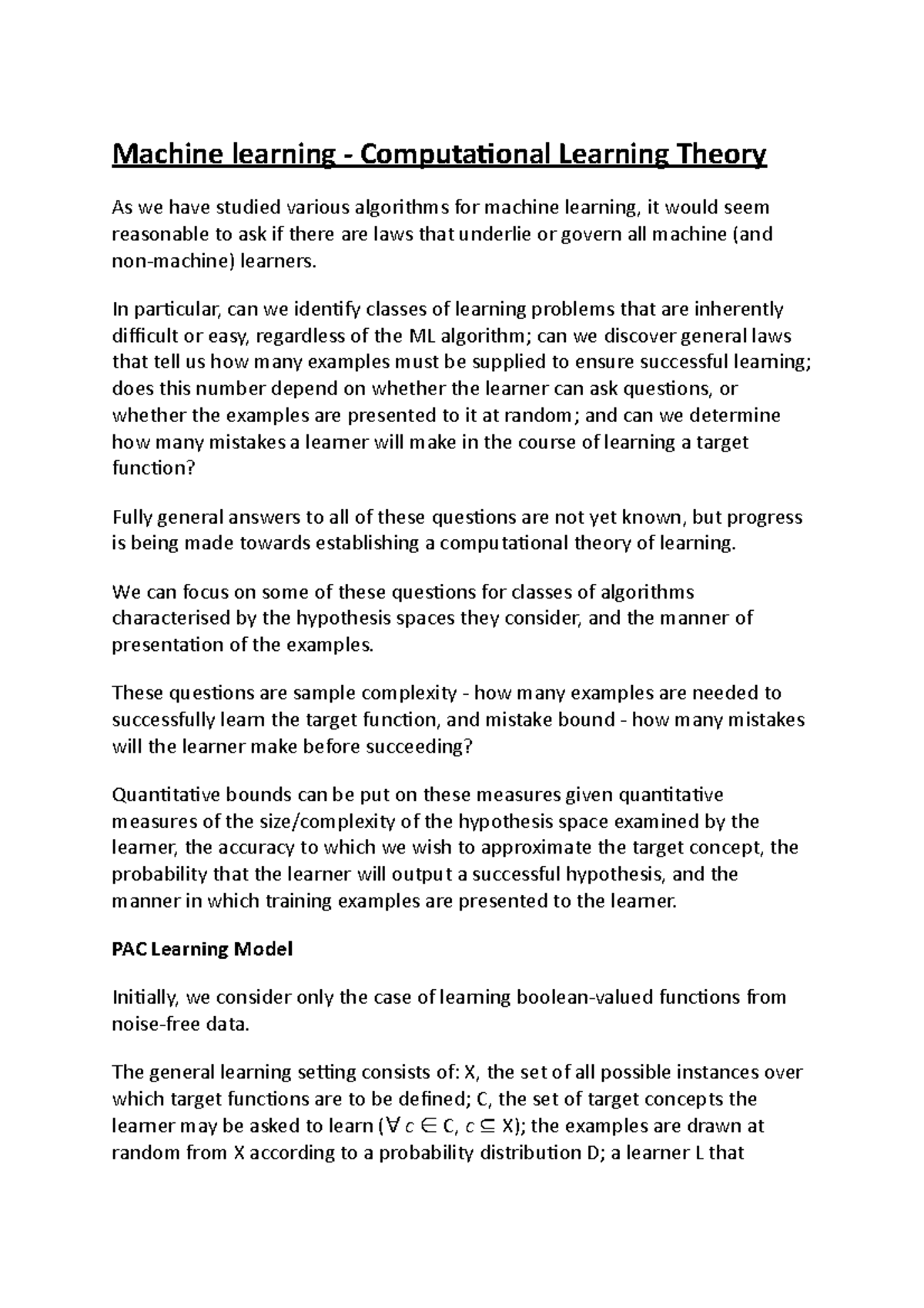 Machine learning - Computational Learning Theory - In particular, can ...