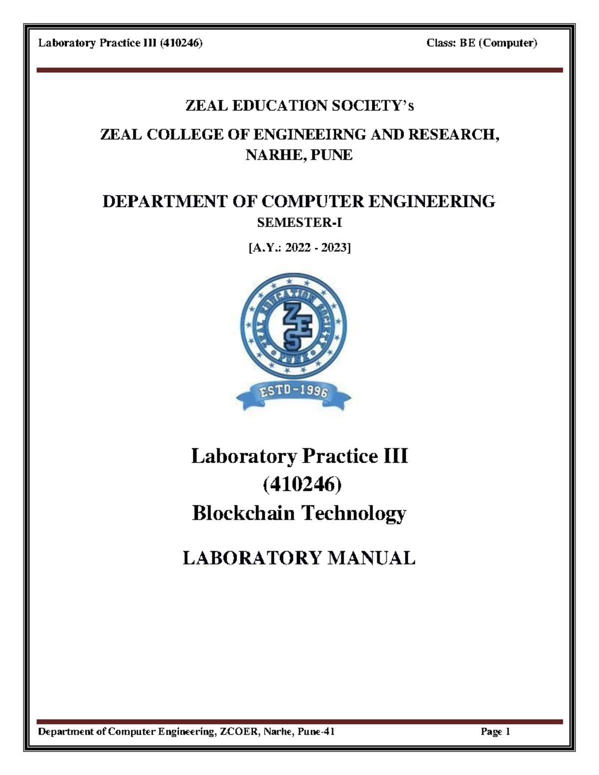 BCT 410246 Lab Manual: Blockchain Technology Practices 2022-23 - Studocu