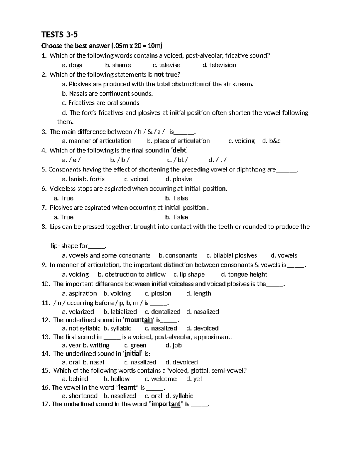 Tests 3-5: Phonetics and Phonology Exam Questions Review - Studocu