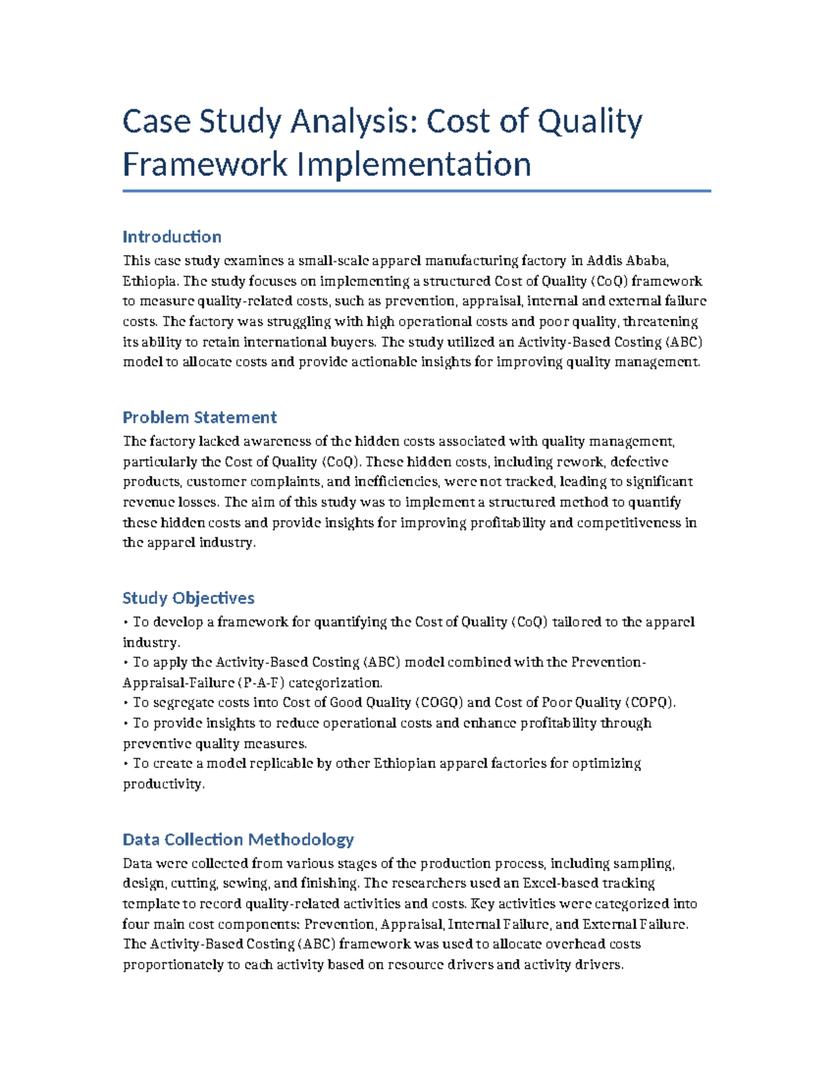 Case Study: Cost of Quality Framework Implementation in Apparel ...