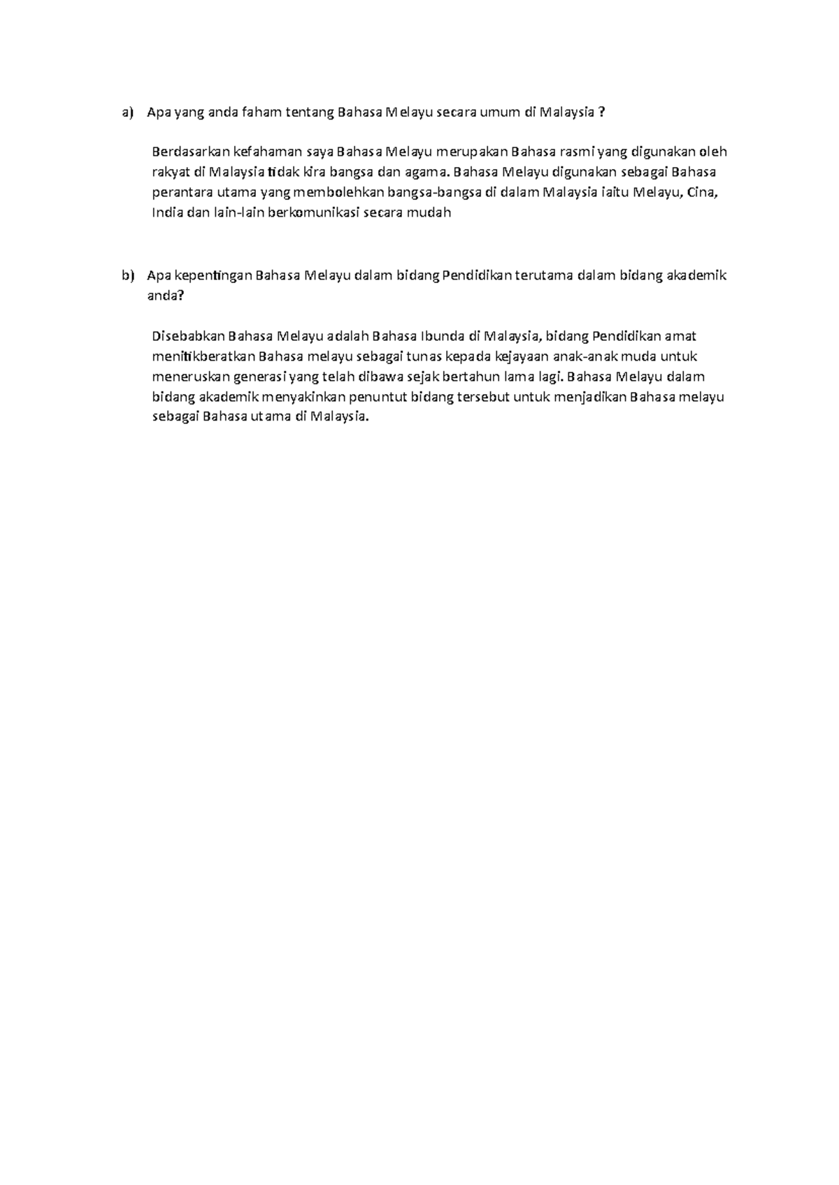 067991 Essay on the Importance of Bahasa Melayu in Malaysia - Studocu