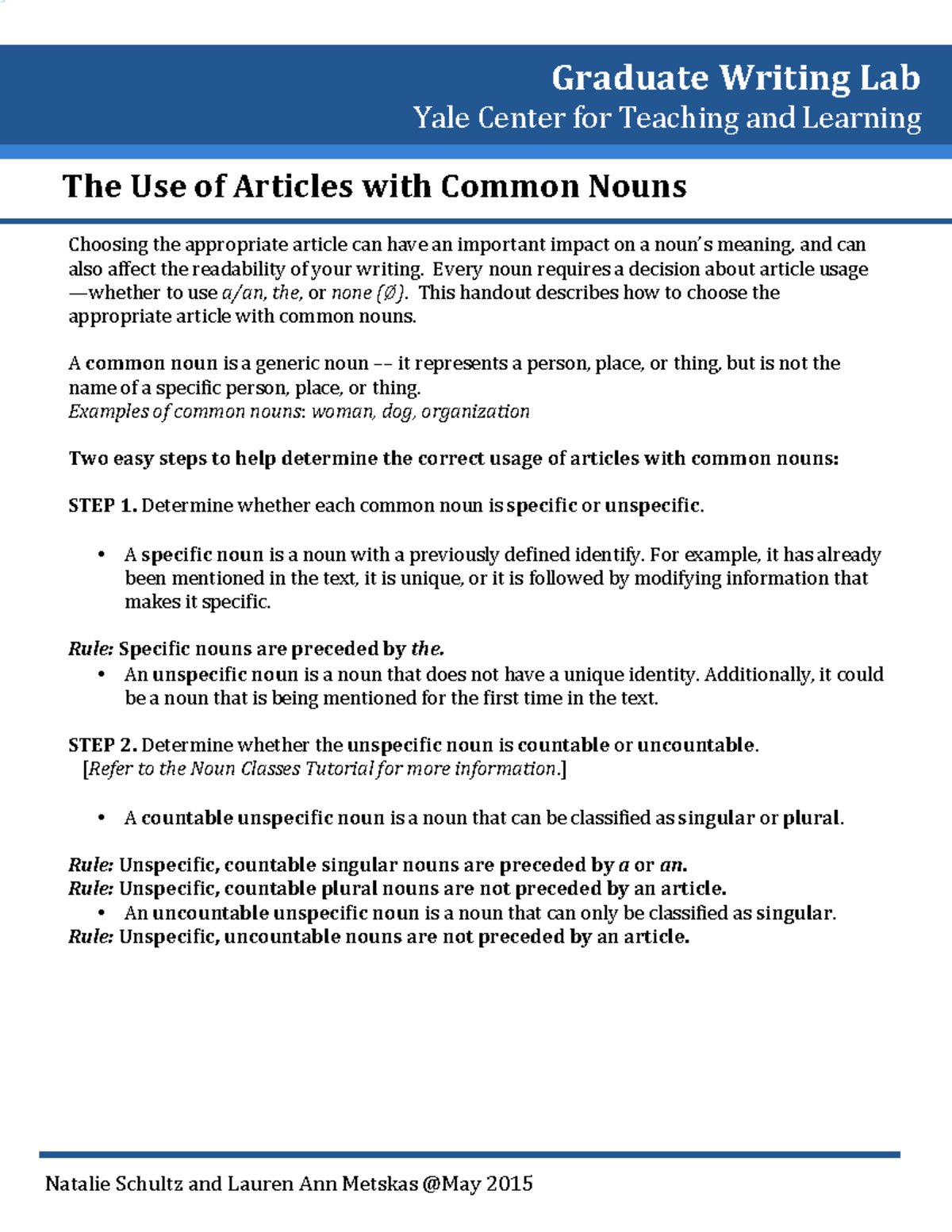 Graduate Writing Lab: Articles with Common Nouns Guide - Studocu