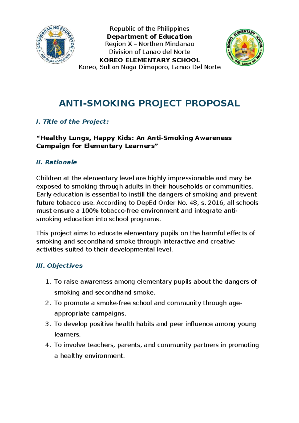KOREO ELEMENTARY SCHOOL Anti-Smoking Awareness Campaign Proposal - Studocu
