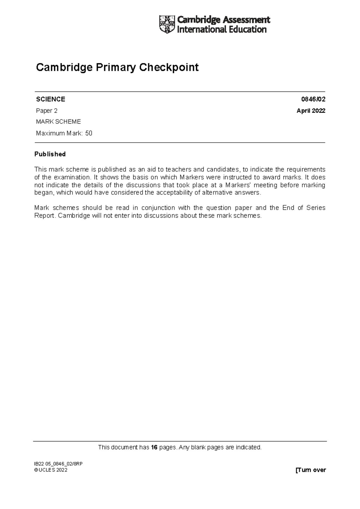 Cambridge Primary Checkpoint SCIENCE Paper 2 Mark Scheme 0846/02 April ...