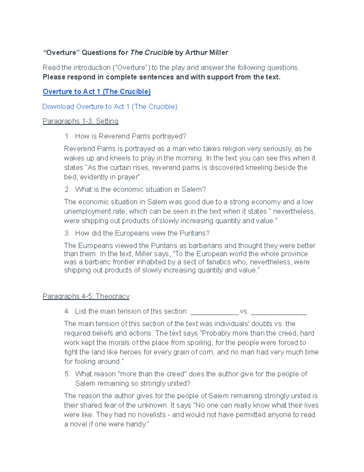 “Overture” Questions for The Crucible by Arthur Miller - Please respond ...