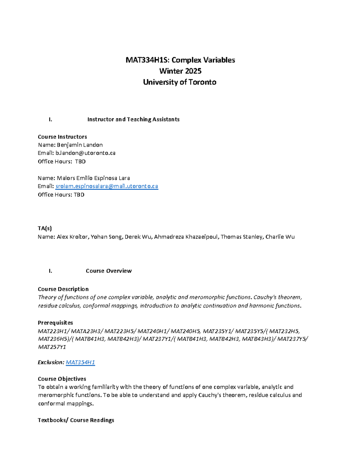 MAT334 Complex Variables Syllabus for Winter 2025 at UofT - Studocu