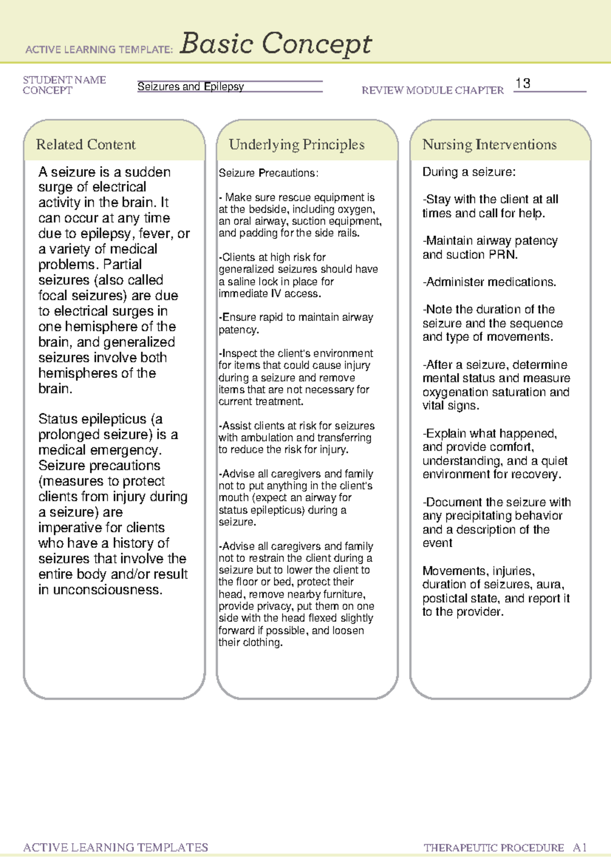 Seizures and epilepsy ATI active learning template - RNURS-022 ...