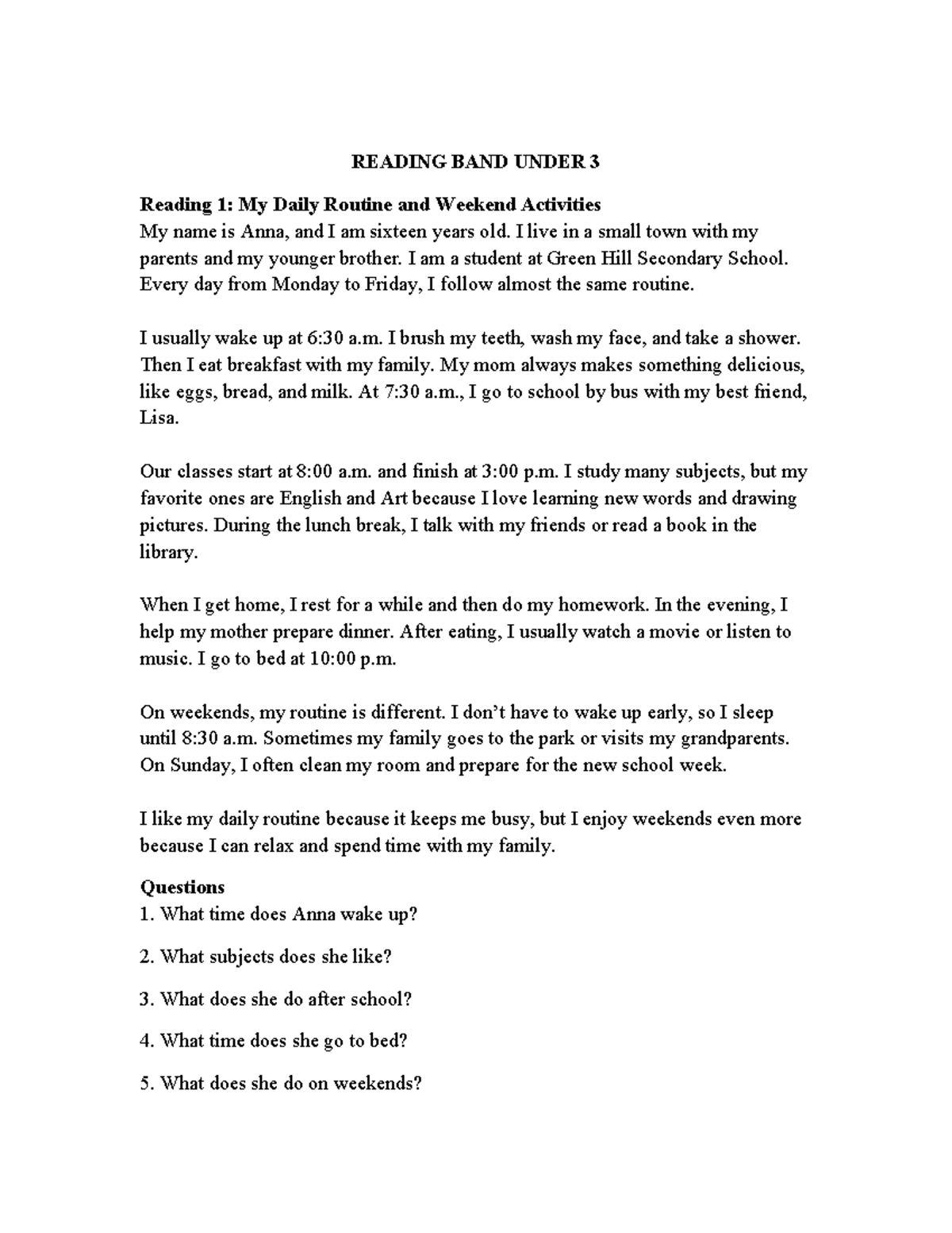 A1-A2 Reading Passages: Daily Routines & Family Life with Answers - Studocu