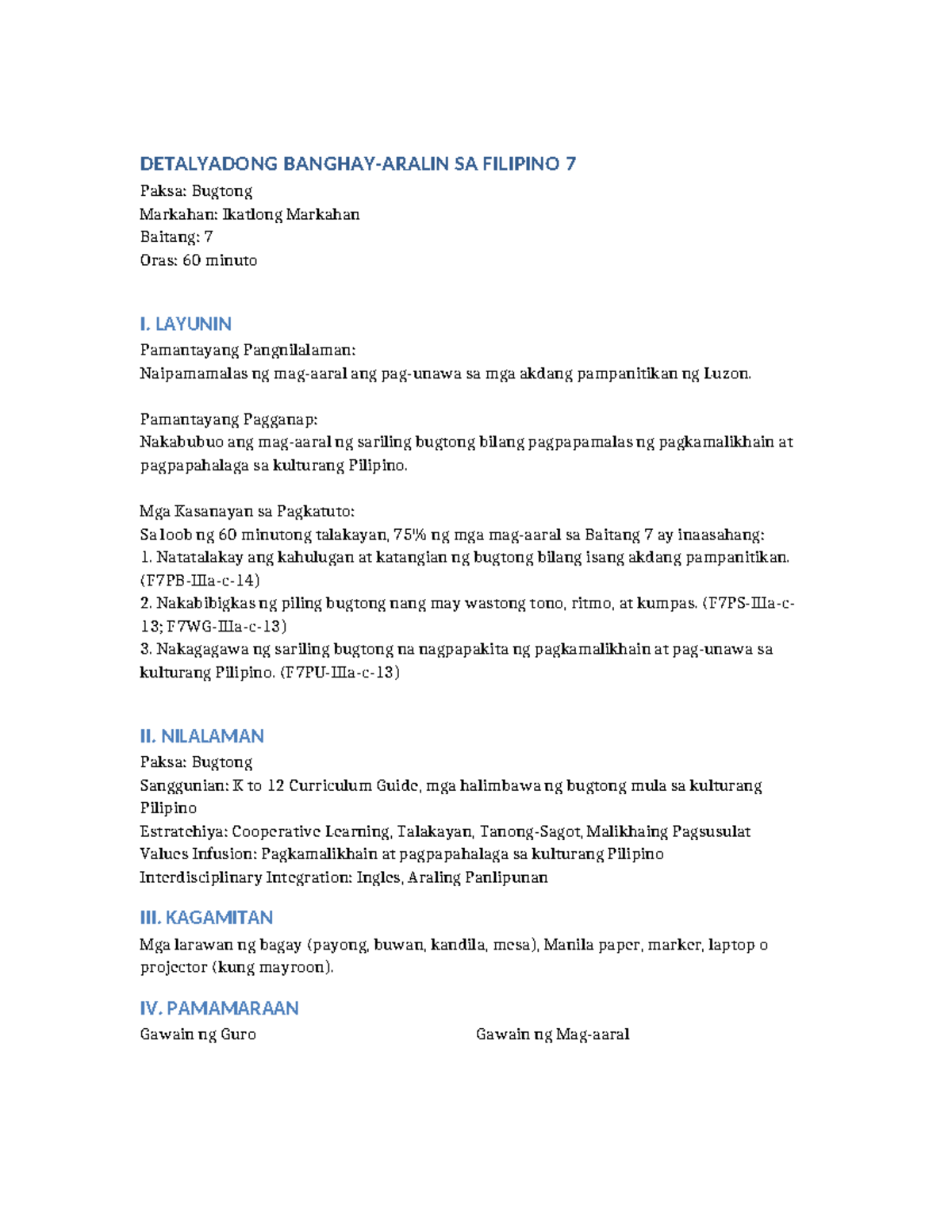 Detalyadong Banghay Aralin sa Bugtong para sa FILIPINO 7 - Studocu