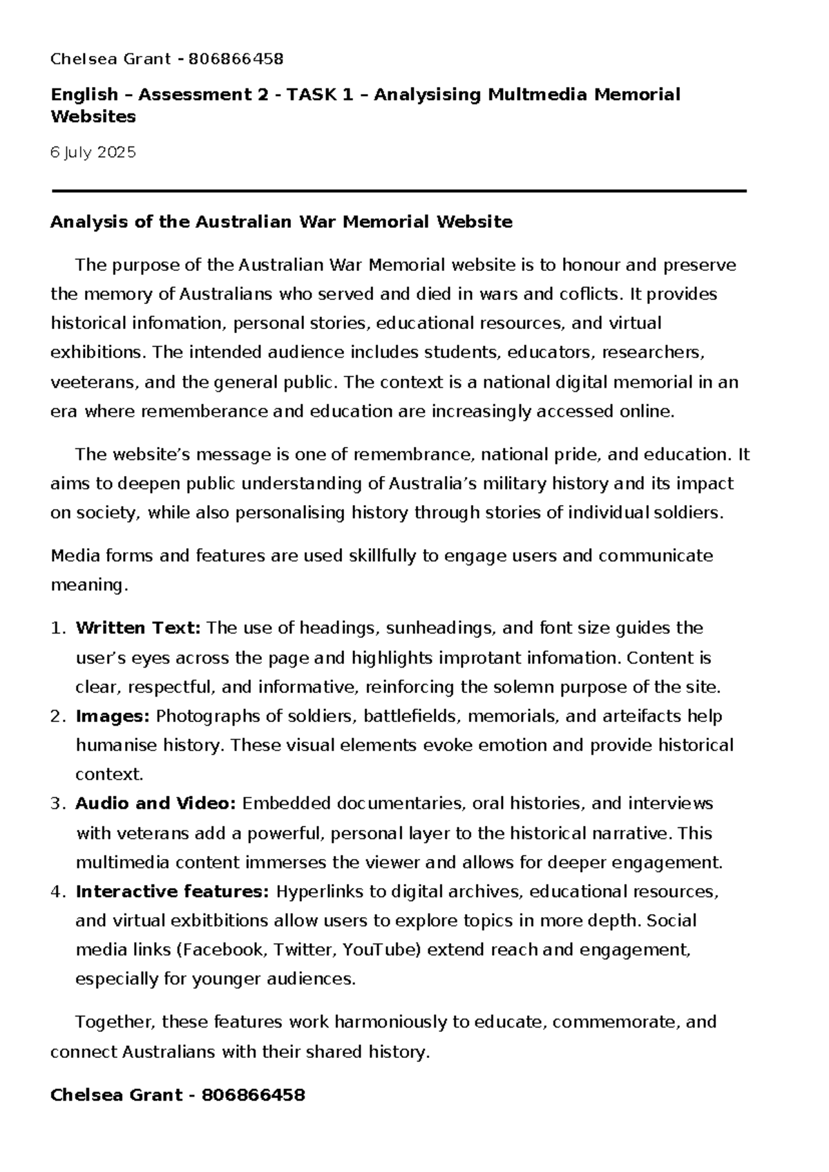 ENG 806866458 Assessment 2: Analysis of Multimedia Memorial Websites ...
