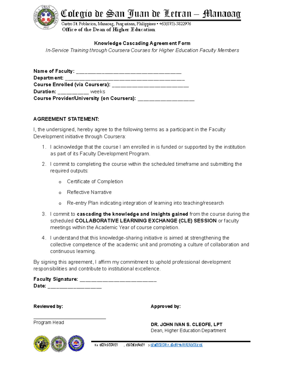 Knowledge Cascading Agreement Form for Coursera Courses (Faculty) - Studocu