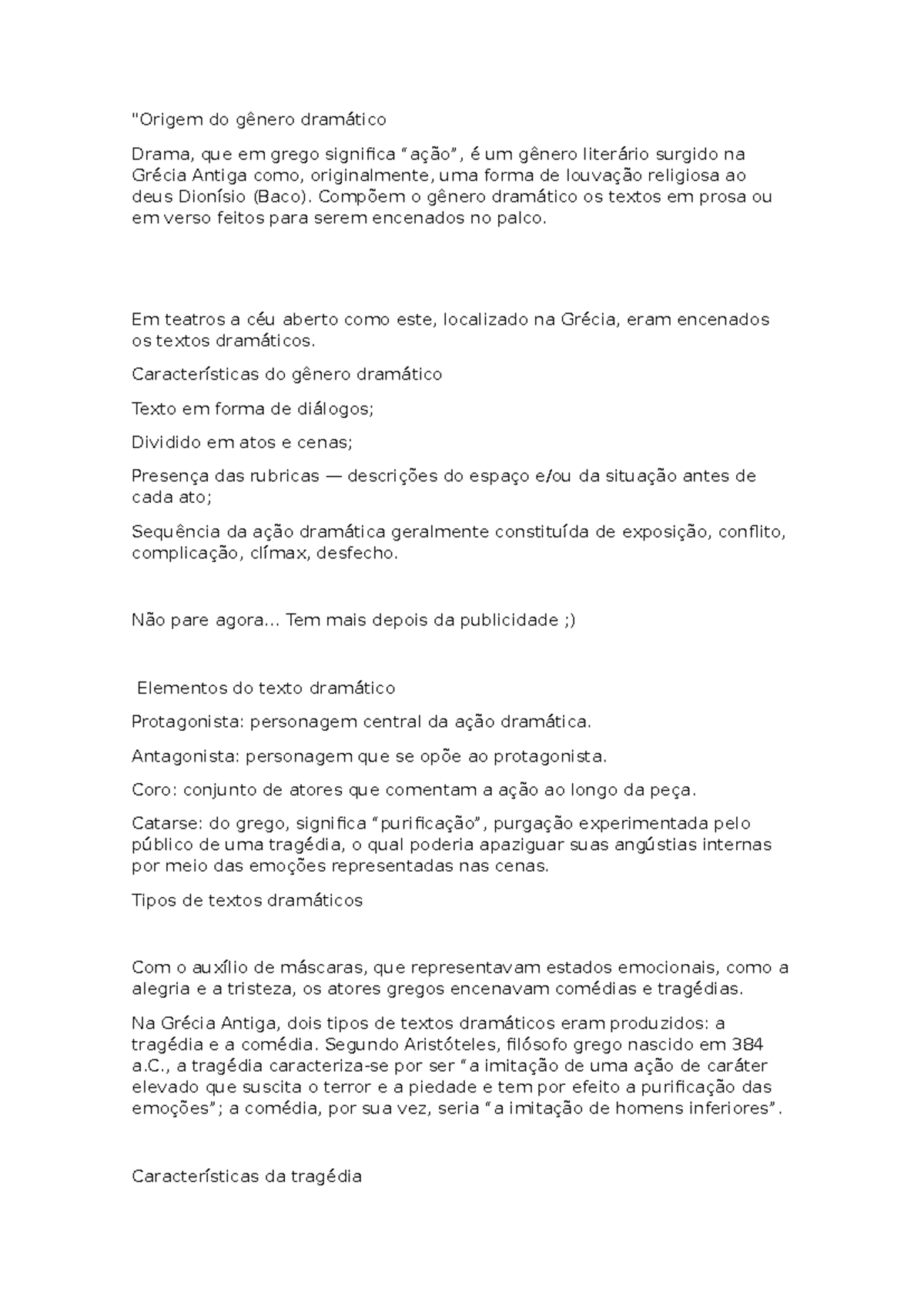 Gênero Dramático: Anotações sobre Drama e suas Características - Studocu
