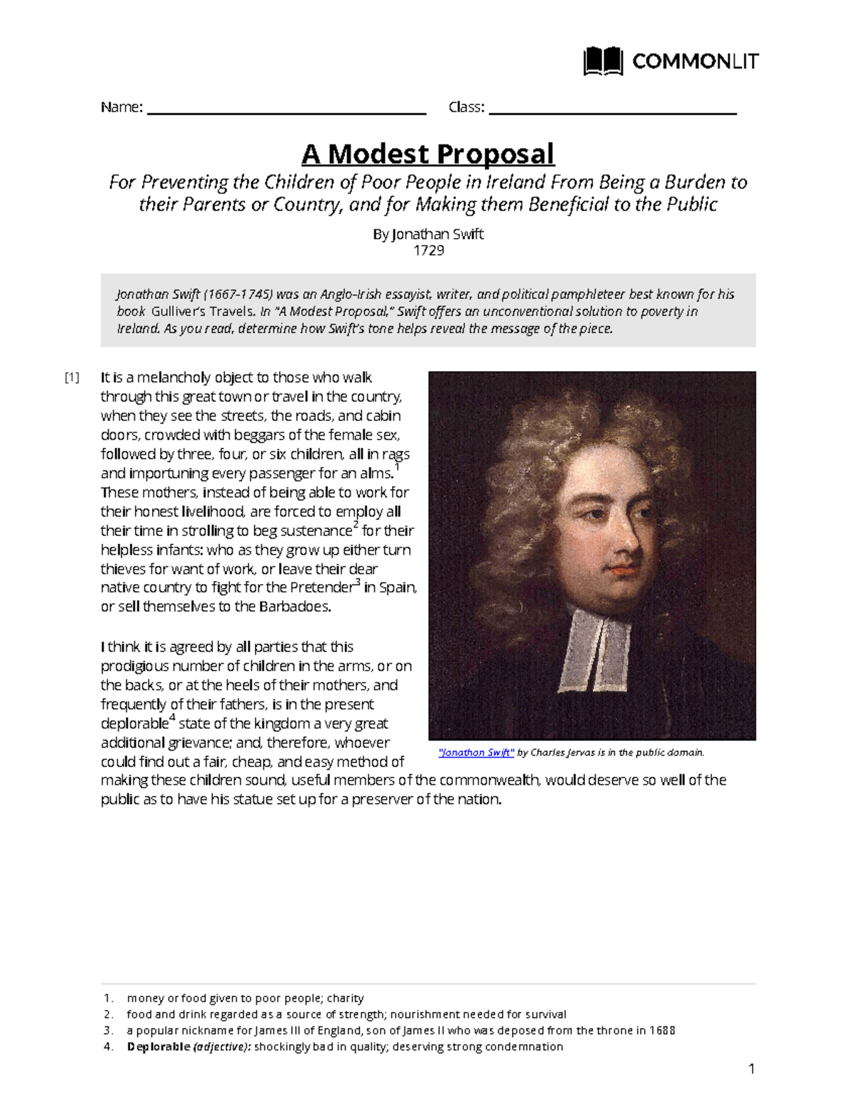 A Modest Proposal Analysis & Text-Dependent Qs (3 COMMONLIT) - Studeersnel