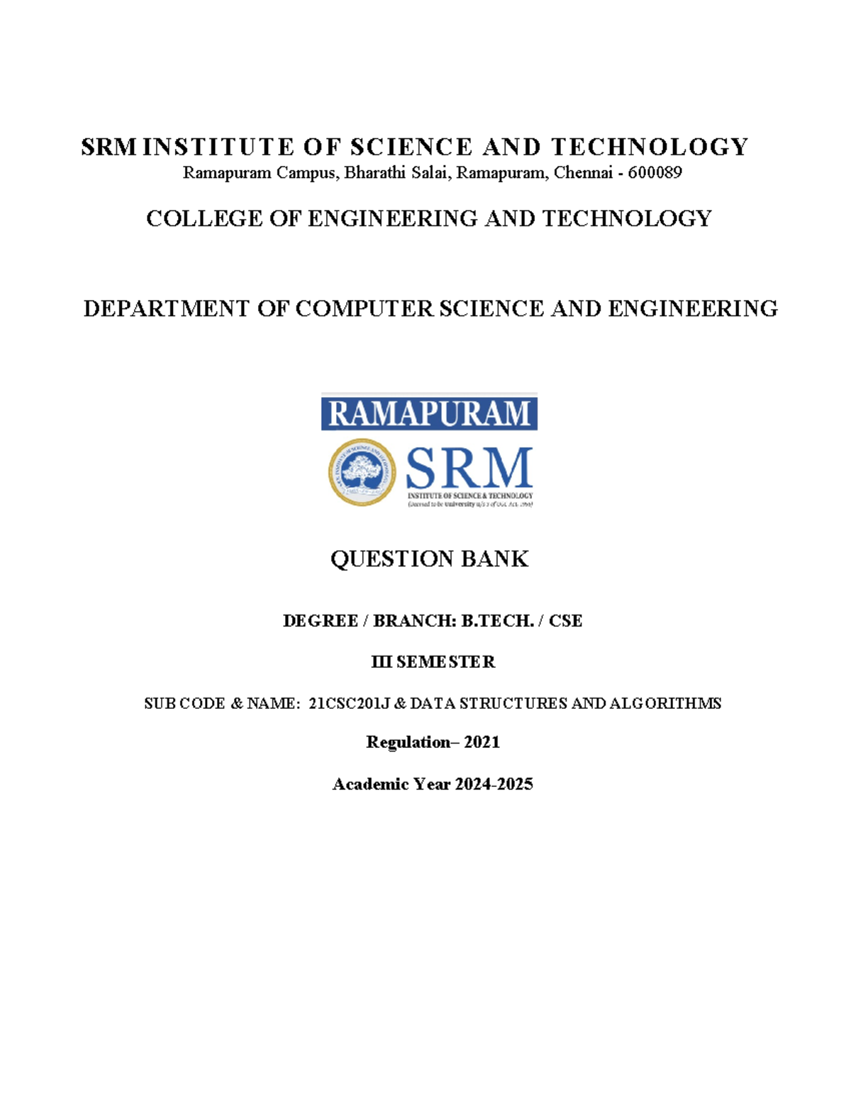 21CSC201J Data Structures & Algorithms Question Bank - Unit 3 - Studocu