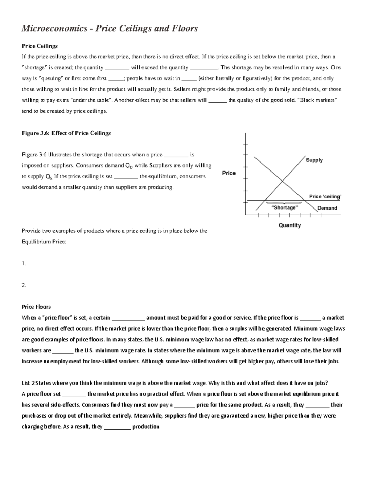 Price Ceilings Floors Worksheet 1 - Microeconomics - Price Ceilings and ...