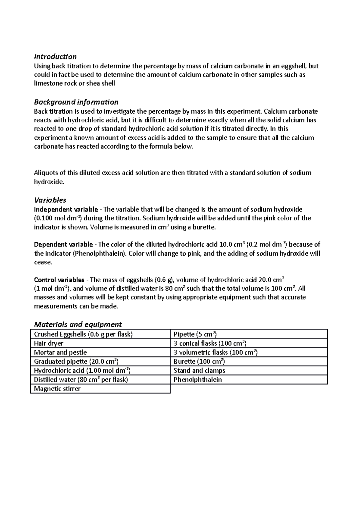 Eggshell Lab Report: Determining Calcium Carbonate Content via Back ...