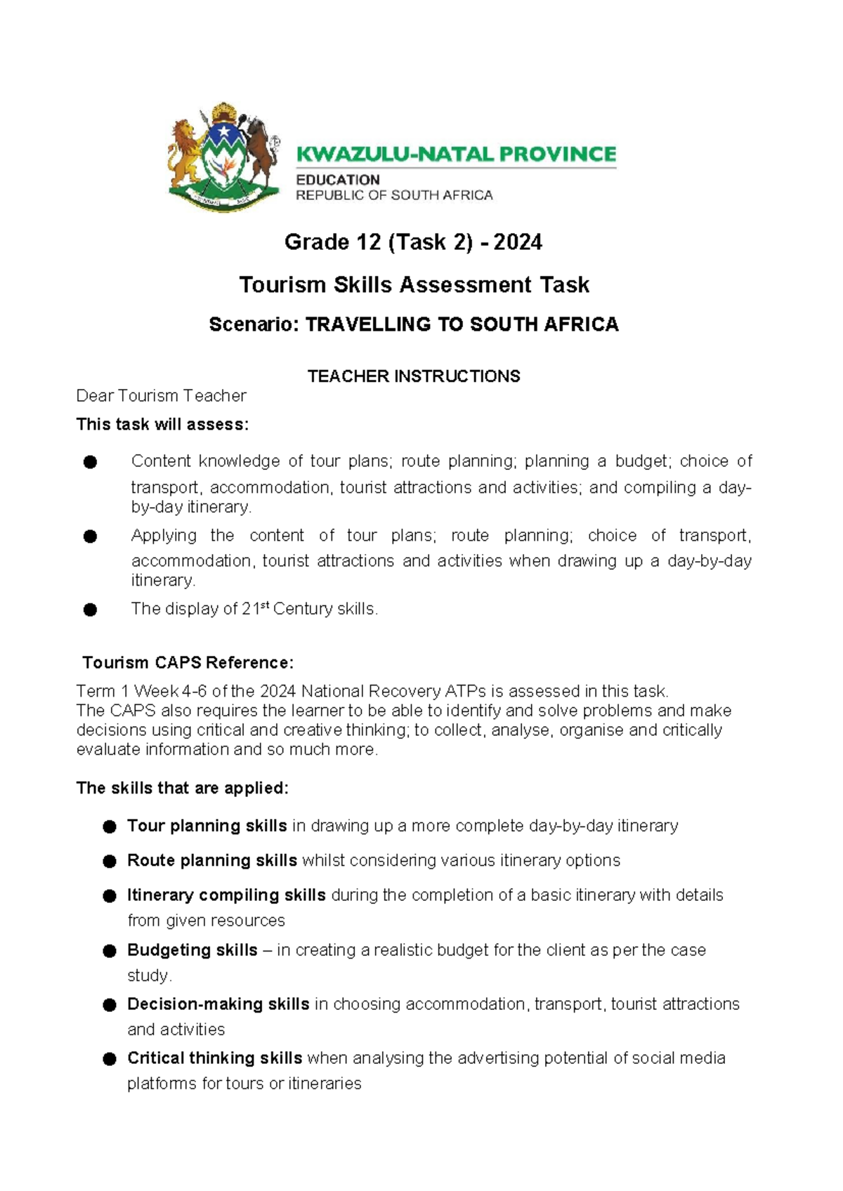 Grade 12 (Task 2) 2024: Tourism Skills Assessment Itinerary & Budget ...