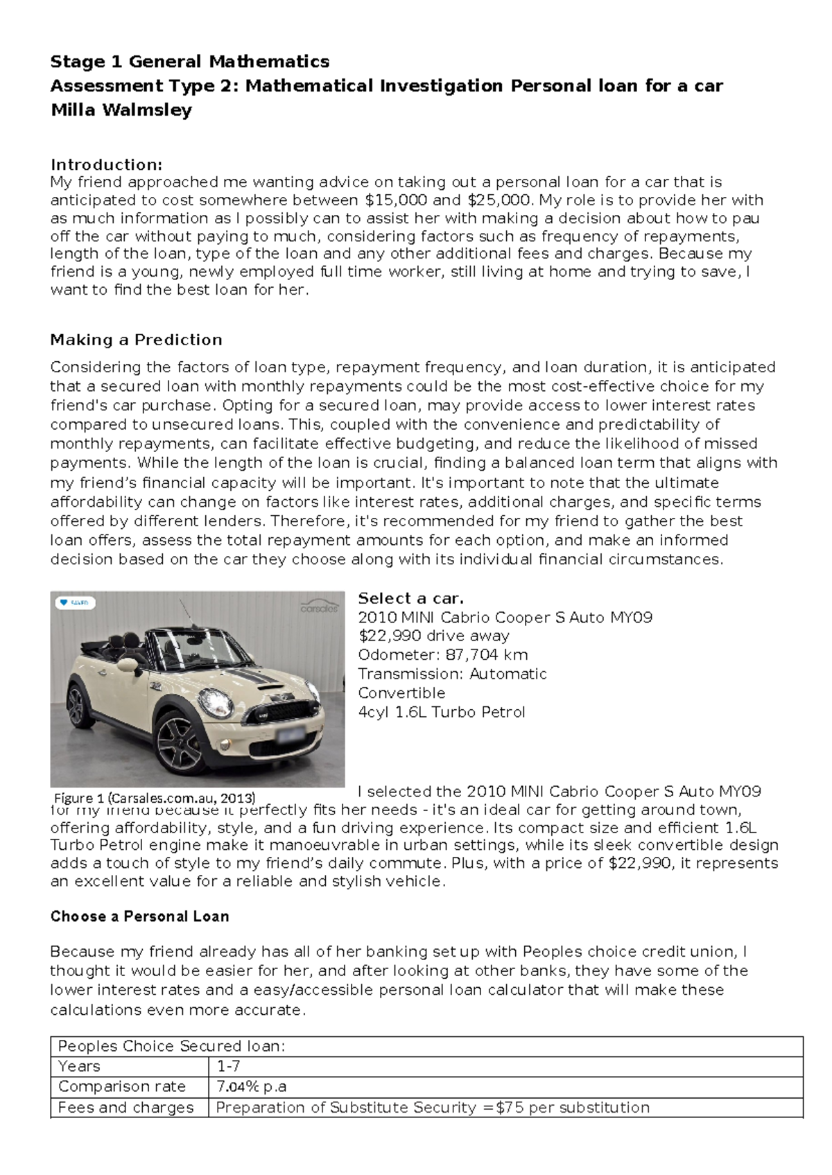 Stage 1 General Mathematics: Personal Loan Investigation for Car ...