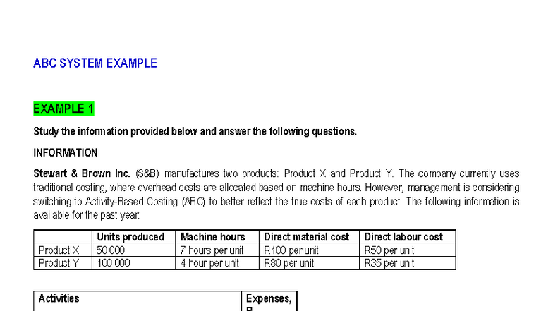 ABC SYSTEM EXAMPLE 1: Costing Analysis Study Notes - Studocu